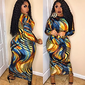 Bluewolfsea Women's Sexy Long Sleeve Printed Bodycon Mixi Dress Cocktail Party Dresses Large Brown