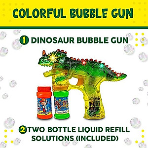 Toysery Dinosaur Bubble Gun for Kids. Colorful Dinosaur Bubble Blower Toy with LED Lights and Music Chimes. Complimentary Batteries Included (2 Pack)