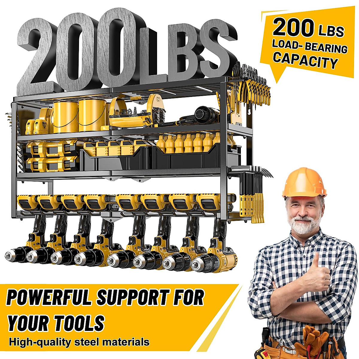 jsyonii Power Tool Organizer Wall Mount, 4 Layer Heavy Duty Metal Power Tool Storage Rack with 8 Drill Holders, Heavy Duty Metal Garage Tool Shelf with Wrench Hammer Pliers Screwdriver Holder