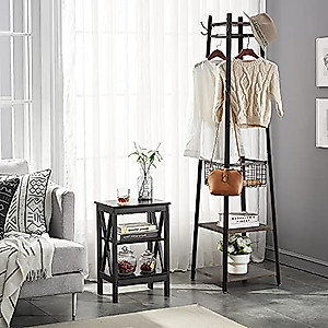 VECELO Coat Rack Freestanding, Entryway Clothes Stand with Metal Basket and 2 Shelves, Upgrade Hall Trees with 8 Dual Hooks for Bags, Hats, and Umbrellas, Industrial Styles, Vintage Brown+ Black