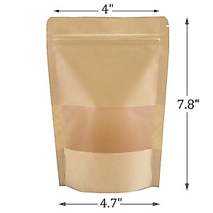 Kingrol 150 Count 4.7 x 7.8 Inch Kraft Paper Bags with Resealable Lock Seal Zipper &Transparent Window, Stand Up Food Bags