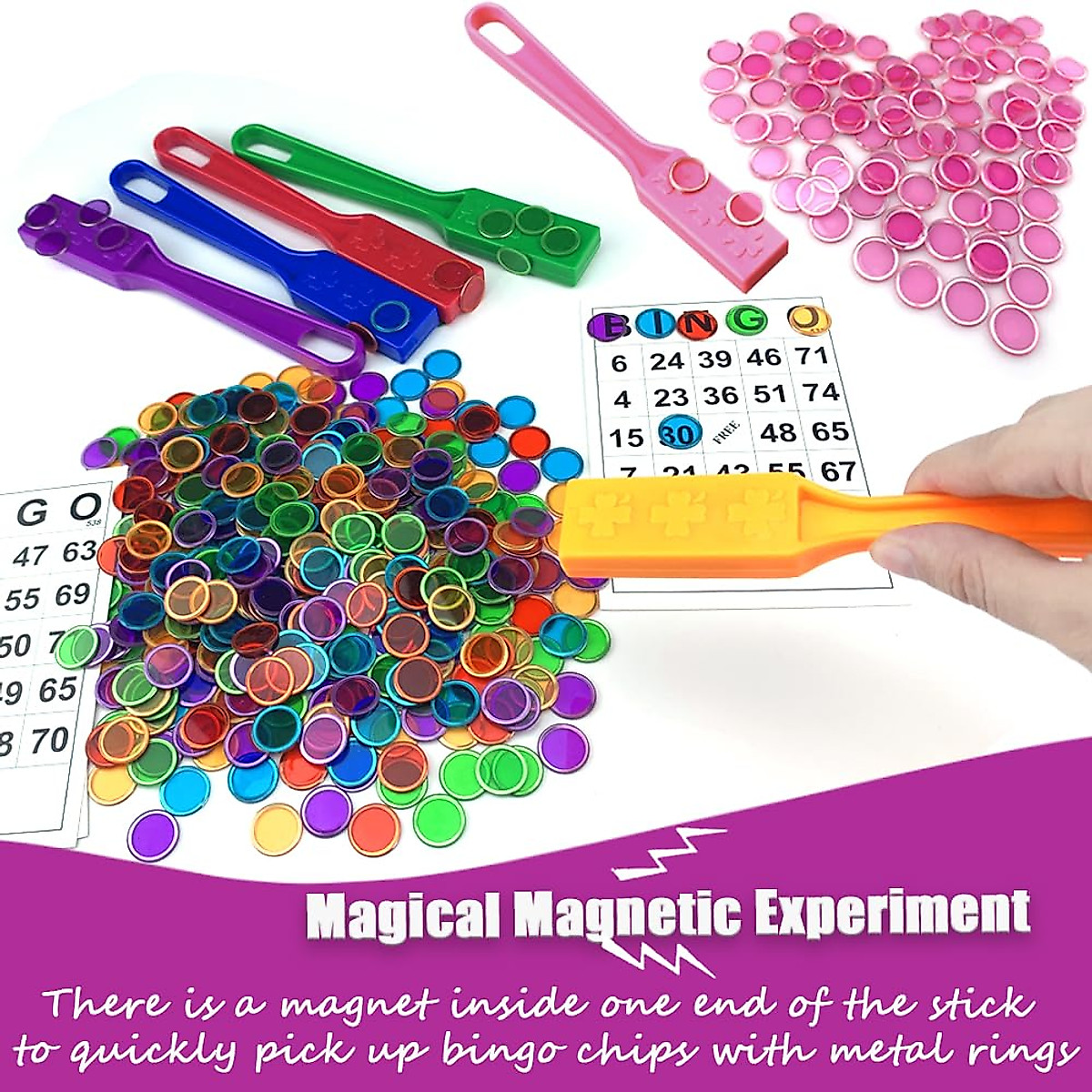 FSTgo Magnetic Wand and Chips Bingo Set Game Accessories Educational STEM Kit for Learning/Sensory Box/Science/Counting/Sortin (Pink Set)