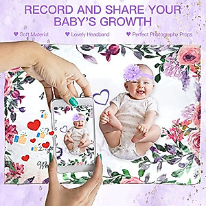SPOKKI 6 PCS Baby Monthly Milestone Blanket Girl, 60''x40''Fleece Monthly Blanket Newborn with Headband for Photography Background Prop and Mom Nursery Shower Gift (Purple)