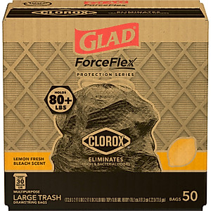 Glad Trash Bags, ForceFlex with Clorox Garbage Bags, Lemon Fresh Bleach Scent, 30 Gal, 50 Ct, Package May Vary