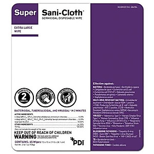Super Sani-Cloth Germicidal Disposable Wipe - Fast 2-Minute Contact Time, Great for High-Touch Surfaces and Devices - Large Canister, 6 in. x 6.75 in.