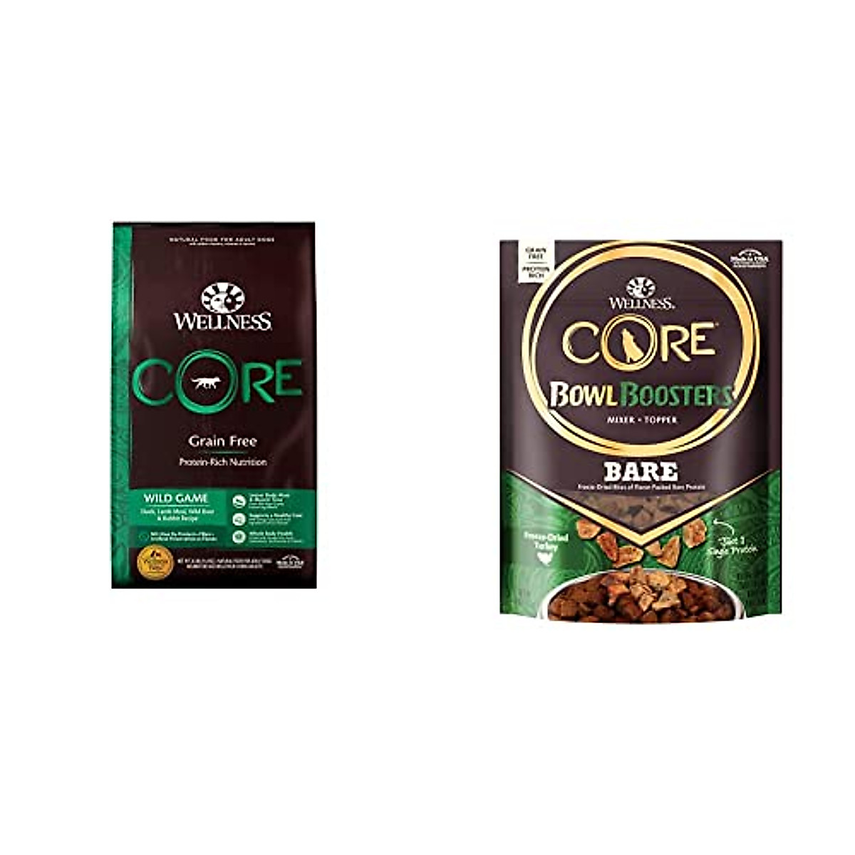 Wellness CORE Natural Grain Free Dry Dog Food, Wild Game (26-Pound Bag) CORE Natural Bowl Boosters Bare Dog Food Mixer or Topper, Freeze Dried Turkey (4 oz)