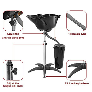 Portable Mobile Shampoo Bowl, Height-Adjustable Hair Washing Sink, Shampoo Basin with Drain Pipe and Bucket, Suitable for Beauty Salon/Barber Shop