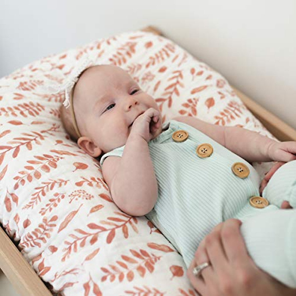 Bebe au Lait Premium Muslin Changing Pad Cover - Elasticized Fit, Safety Strap Holes, 2-Layer Open-weave, 100% Cotton Muslin, Fits Standard Baby Changing Pad up to 36" X 18" X 6"-One Size, Pink Leaves