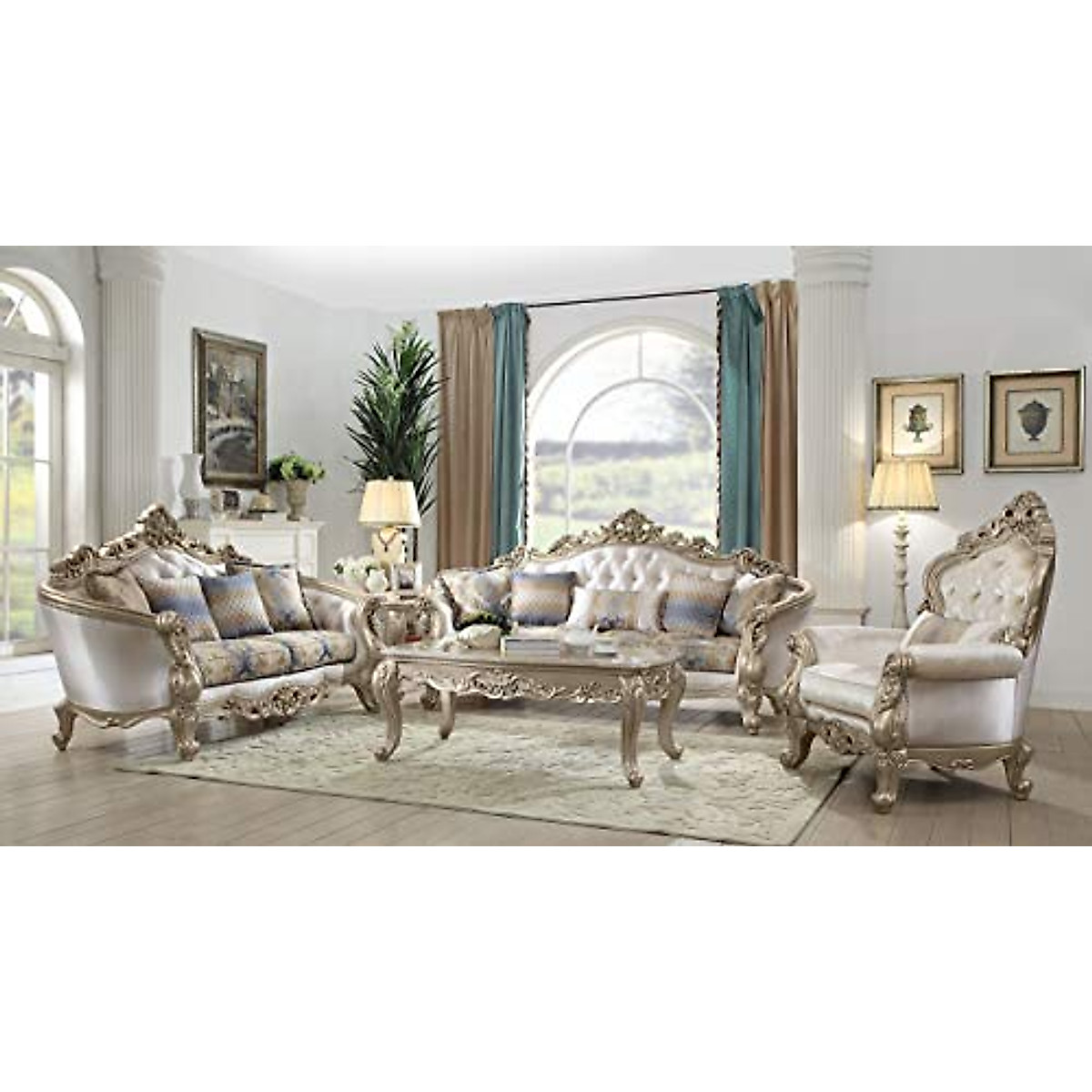 ACME Furniture Gorsedd Sofa with 5 Pillows, Cream Fabric and Antique White
