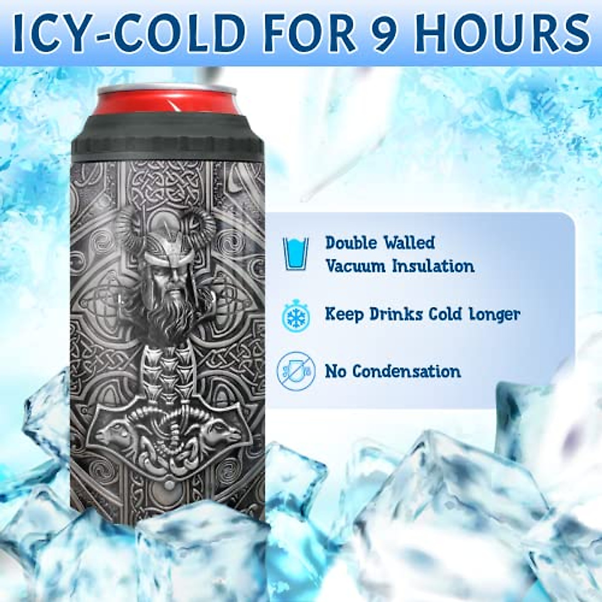 winorax Viking 4-in-1 Tumbler Can Cooler Vikings Celtic Slim Can Holder 16oz Tumblers Stainless Steel Insulated with Lid