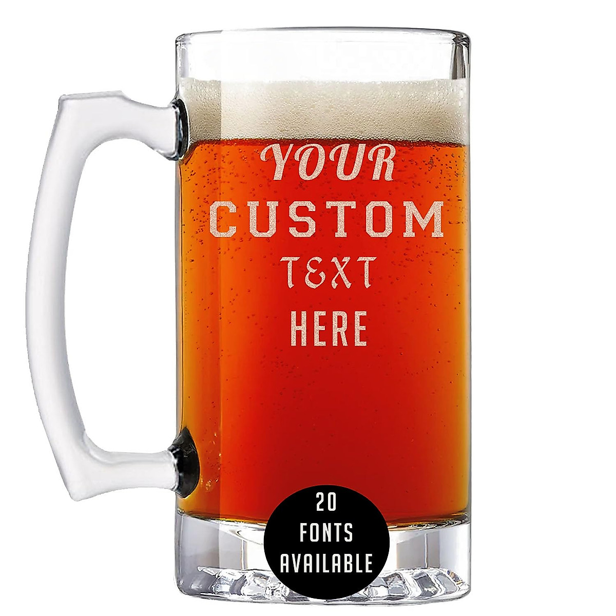 Personalized Etched Custom Message 25oz Glass Beer Mug, Your Text Here, Customized Engraved Groomsmen Gifts, Custom Beer Gifts for Men, Birthday Gifts for Him, Regalos Personalizados para Hombre