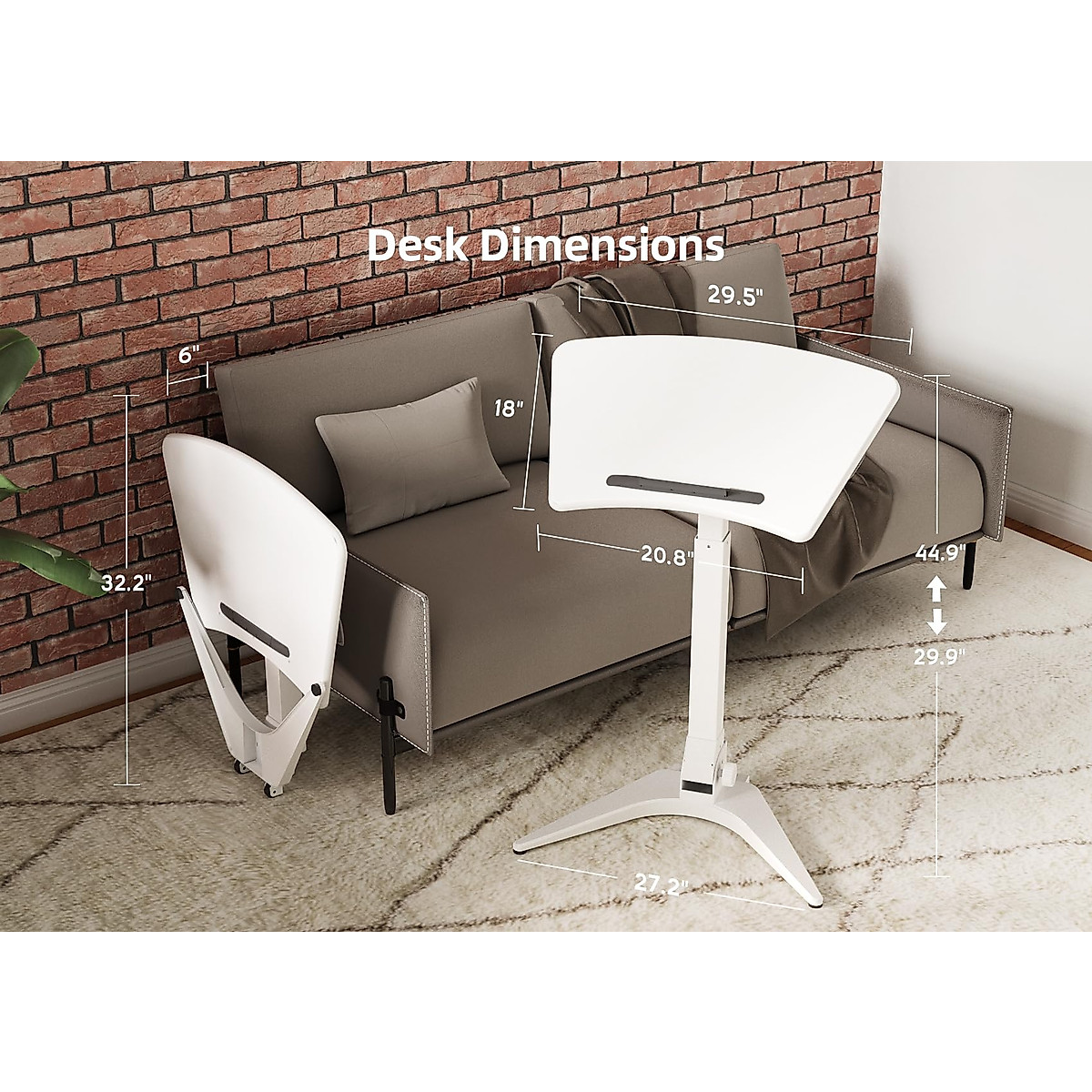 Claiks Mobile Standing Desk, Portable Rolling Standing Desk with Wheels, Pneumatic Height Adjustable Sit-Stand Desk Workstation with 90° Tiltable, Foldable Desk with Non-Slip Computer Stand, White