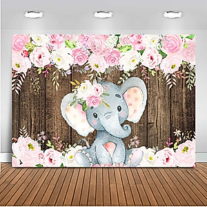 Mocsicka Floral Elephant Baby Shower Backdrop Pink Elephant Baby Shower Party Decoration 7x5ft Vinyl Girl Elephant Baby Shower Photo Background