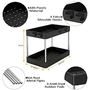 Under Sink Organizers and Storage, 2 Tier Storage Under Cabinet Bathroom Kitchen Organization and Storage with 4 Hooks, Multi-Purpose Under Sink Storage for Bathroom Kitchen, Black
