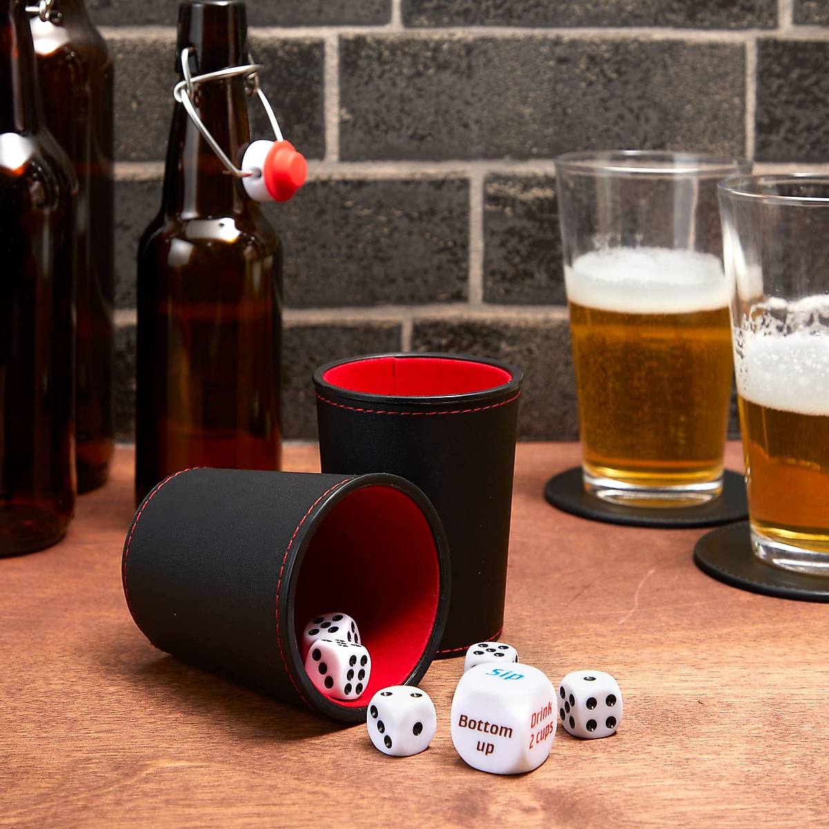 Zodaca Drinking Dice Game Set for Adults with 2 Leather Cups and Fun Dices for Drunk Frenzy Party (16 Pieces)