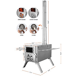 Camping Stove for Hot Tents, LAMA 304 Stainless Steel Wood Burning Stove with Stainless Wall Chimney Pipes for Tents, Shelter, Outdoor Portable Stove for Camping Heating and Cooking