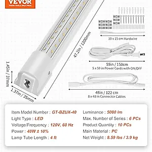 VEVOR 10 Pack LED Shop Light, 4 FT, 40W Linkable Shop Light Fixture, 5000 LM Ceiling Lights 59 in Power Cords with ON/Off Switch 48 in Connector Cables, for Garage Warehouse Home Workkshop and Office