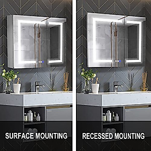 GroGro LED Bathroom Medicine Cabinet with Mirror,30" W x 26" H Lighted Medicine Cabinet,Surface or Recessed Mount,3-Layer Storage Shelves,Medicine Cabinets Can Defog,Dimming,Outlets & USBs