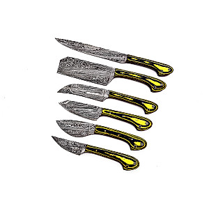 Custom Handmade Damascus Chef Knives Set/Kitchen Knives 6 Pieces Set SS-17321 (Yellow Resin) (Yellow ans Black)