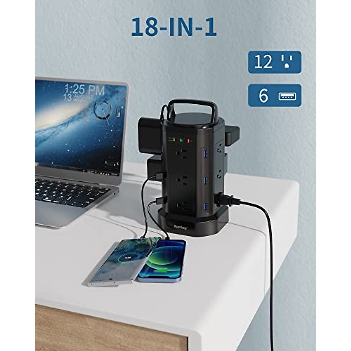 Power Strip Surge Protector Tower 2100J, SUPERDANNY Extension Cord with Multiple Outlets, 12 AC 6 USB Charging Station, Handle Cord Retracting, 6.5ft Overload Protection for Garage, Workbench, Black