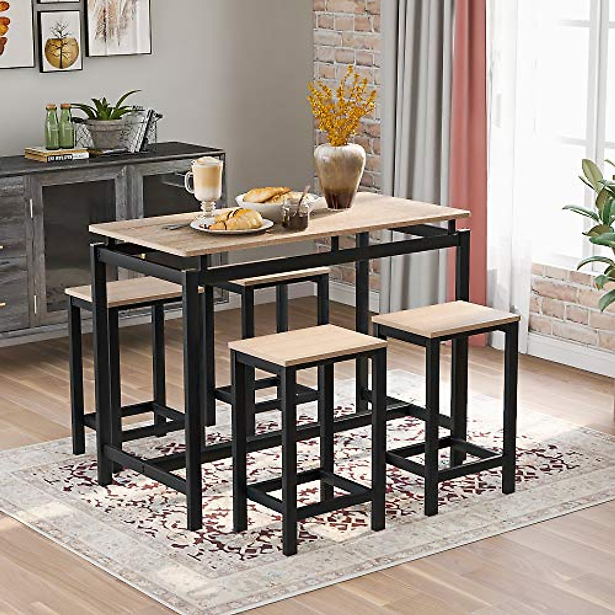 Rockjame Dining Table Set, Upgrade Version 5 Piece Counter Height Pub Table Set with 4 Chairs for The Bar, Breakfast Nook, Kitchen Room, Dining Room and Living Room (Oak)