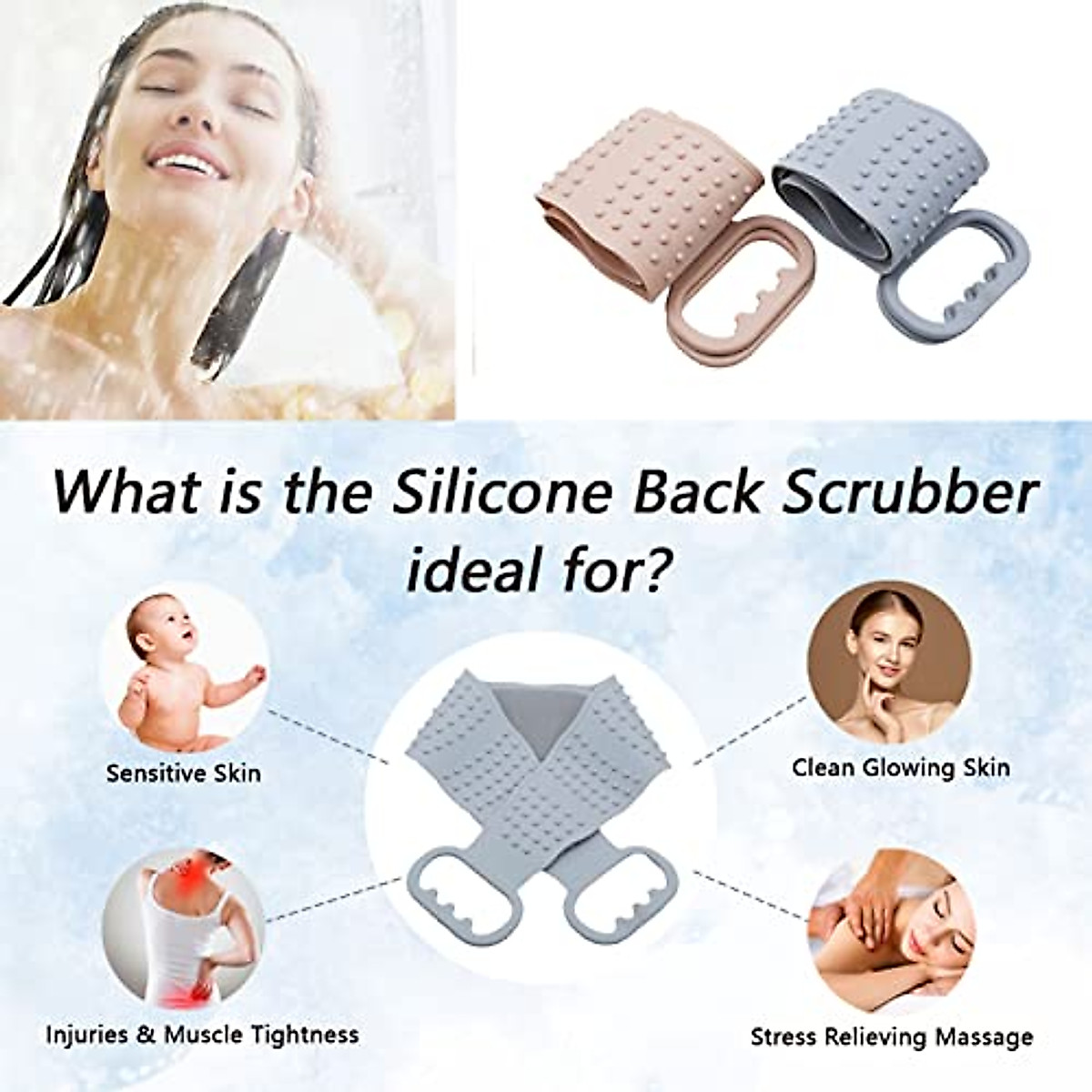 VULORA 2 PCS Silicone Body Back Exfoliating Scrubber for Shower Men Women Silicone Bath Body Brush Deep Clean & Invigorate Your Skin(Grey Pink) (Grey)