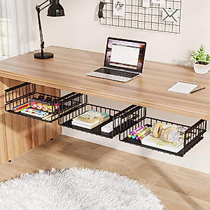 1Easylife Under Desk Storage Mesh Drawer Shelf, Self-Adhesive Pull Out Metal Tray Basket, No Drill Sliding Basket for Cable, Extension Cords, Home, Office, Workspace, Cabinet, Black