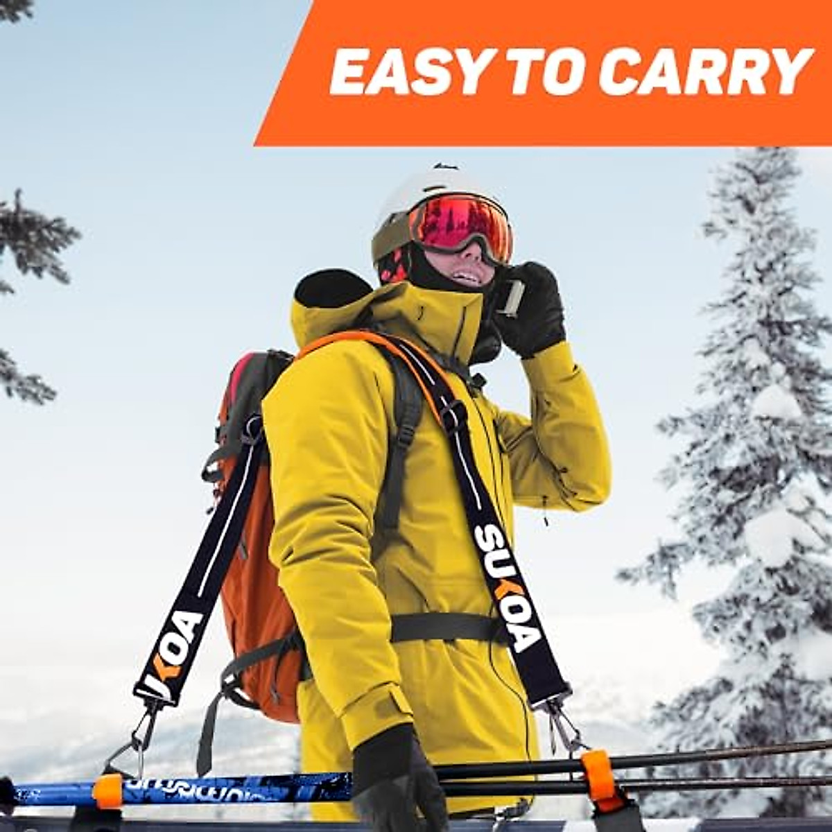 Sukoa Ski & Pole Carrier Straps – Shoulder Sling with Cushioned Holder Protects from Scratches – Downhill Skiing Backcountry Gear Ski Accessories for Men and Women