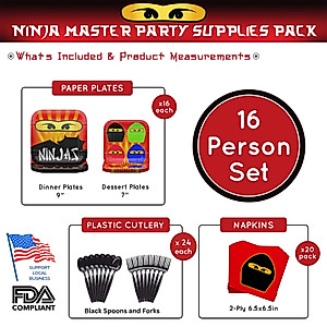 Blue Orchards Ninja Master Party Supplies Packs (100 Pieces for 16 Guests) - Ninja Birthday Party, Ninja Party Supplies, Ninja Plates and Napkins, Ninja Themed Birthday, Spy Theme Party