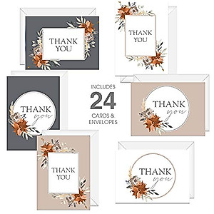 Canopy Street Indie Autumn Floral Thank You / 24 Cards, Six Designs/Boho Gray and Orange Floral