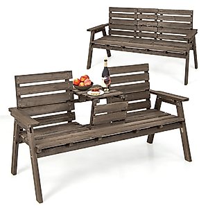 Tangkula Outdoor Fir Wood Bench with Foldable Middle Table, 2-3 Person Garden Bench with Backrest and Armrests, Slatted Seat Bench for Porch, Patio, Backyard, 710lb Weight Capacity (Coffee)