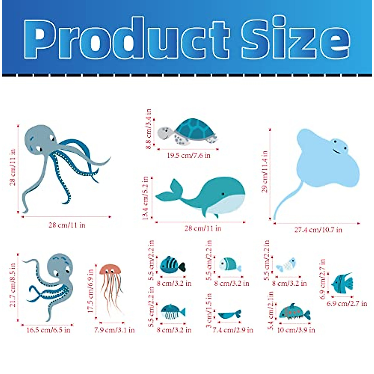 Ocean Fish Wall Decals Under The Sea Wall Decals Stickers with Whale Octopus Stingray Sea Stars Turtle Shells and Sea Kelps for Kids Room Daycare Classroom Playroom