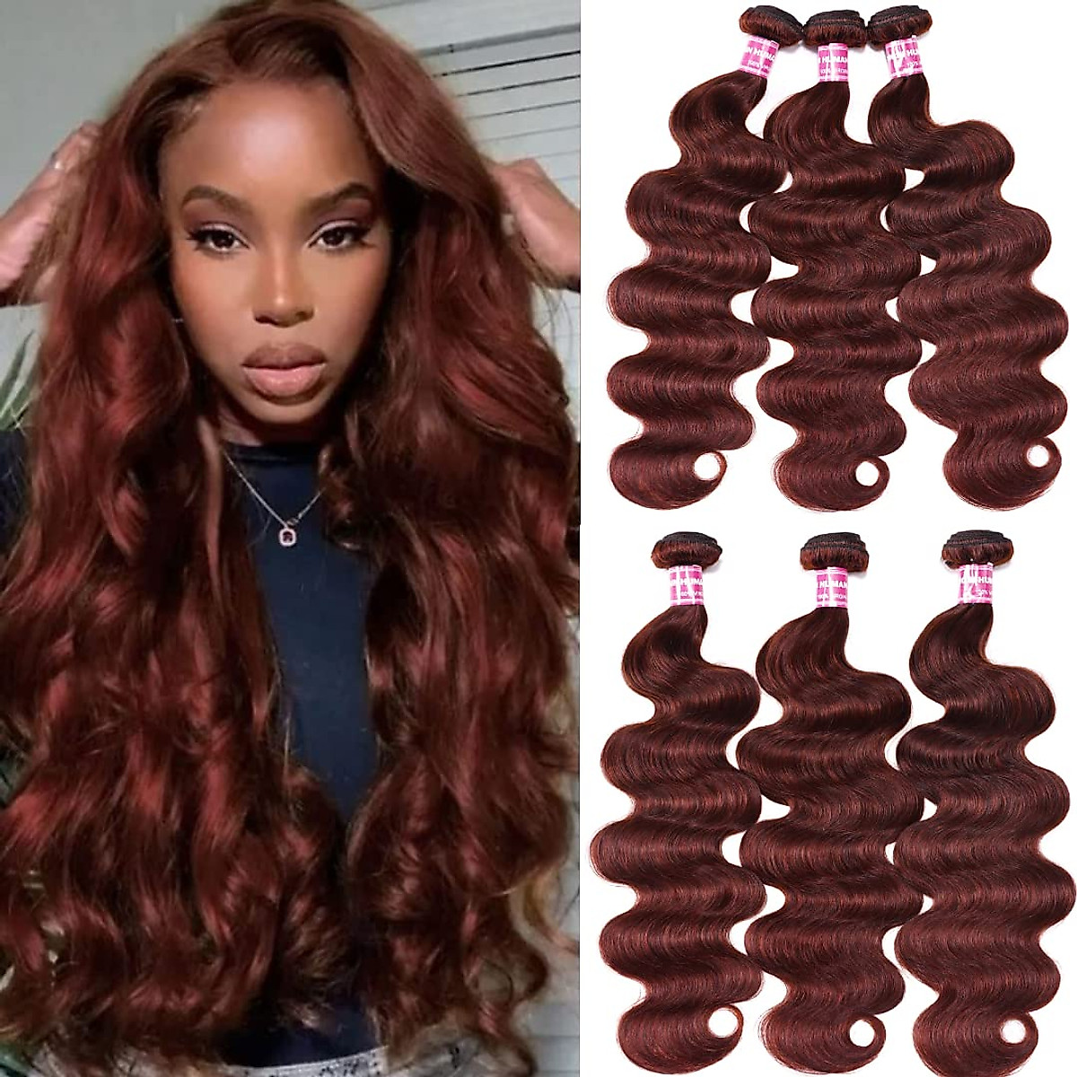 Nadula 12A Reddish Brown Body Wave Human Hair Weave 3 Bundles for Women, 16 18 20inch Brazilian Virgin Remy Hair Bundles Auburn Brown Copper Red Colored Human Hair Wavy Weaves Extensions 33B Color
