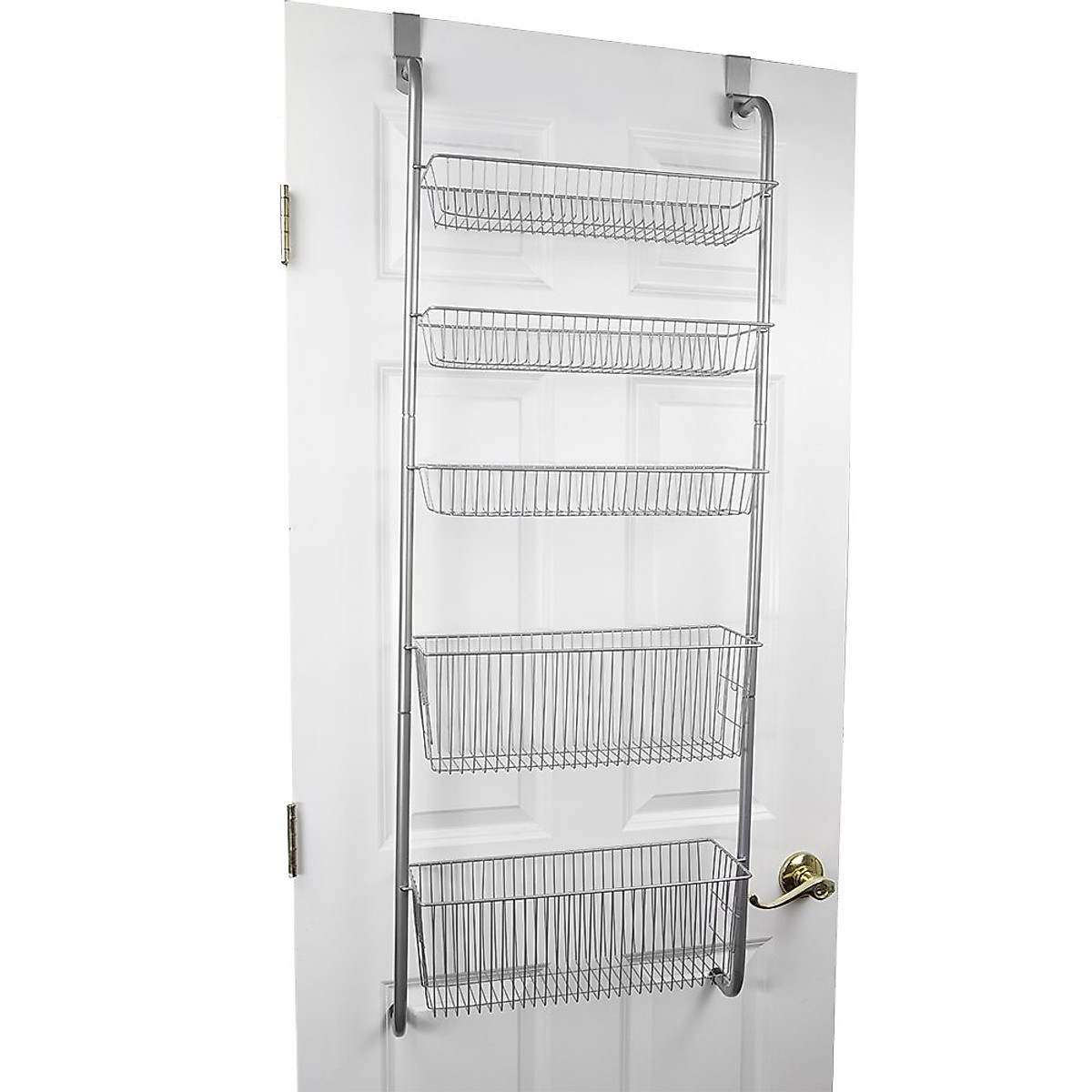 5 Tier Over The Door Pantry Organizer (Silver), By Home Basics | Metal Pantry Door Rack | Hanging Pantry Organizer For Condiments, Spices, Snacks, and Canned Goods