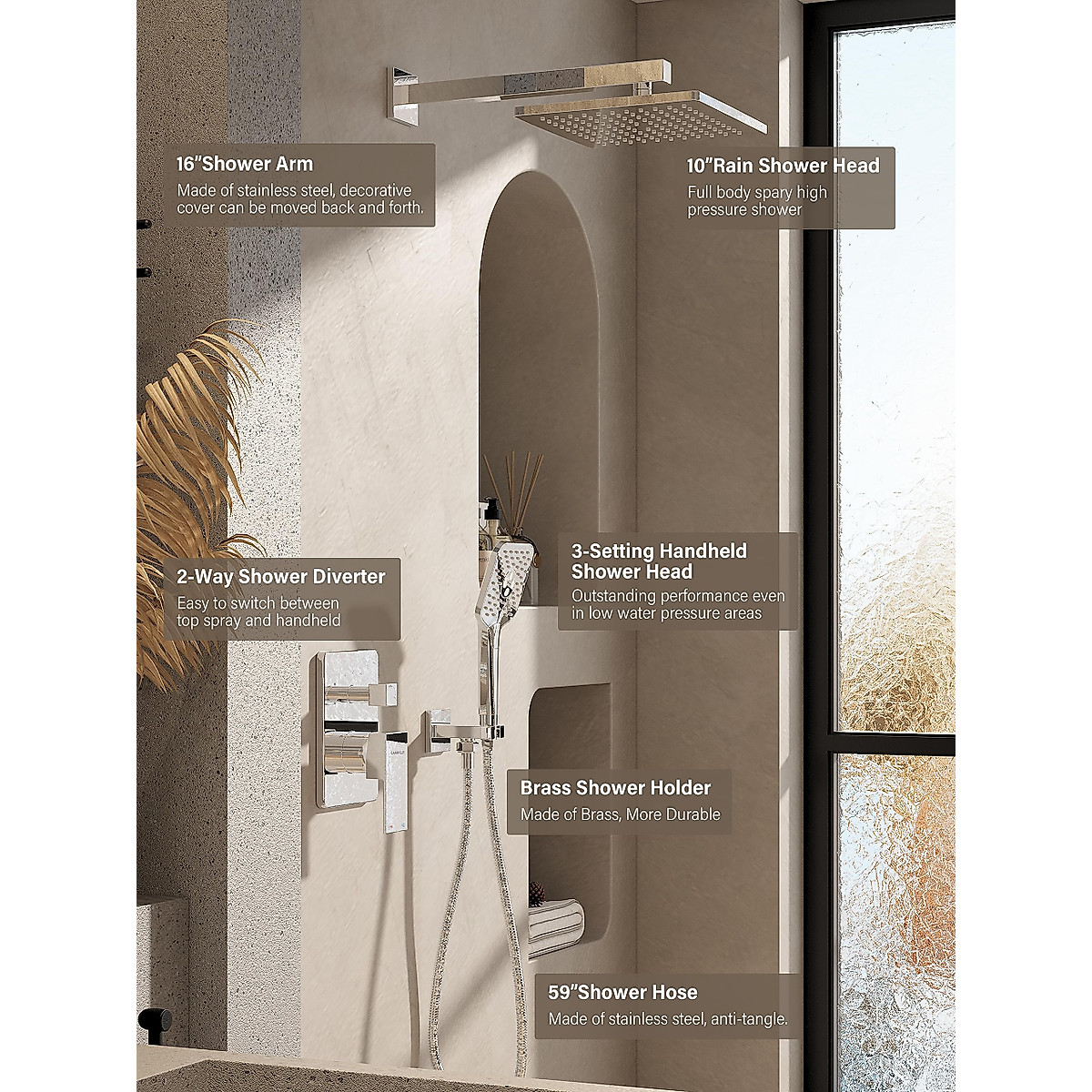 Gabrylly Shower System, Shower Faucets Sets Complete for Bathroom with High Pressure 10" Rain Shower and Handheld Shower, 2 Way Shower Valve Kit, Chrome