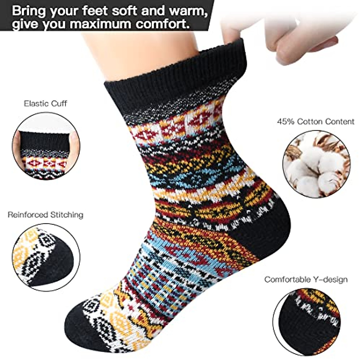 FYC Winter Womens Socks - Wool Warm Thick Knit Cozy Crew Casual Vintage Soft Socks for Women - Christmas Gifts - 5 Pairs