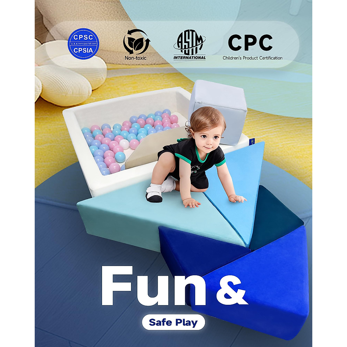 Heypappy Tangram Puzzles Kids Play Couch, 1600+DIY Toddler Modular Couch, 37"x37"x12" Foam Ball Pit, 8PCS Kids Sofa for Playroom Montessori Fort Building