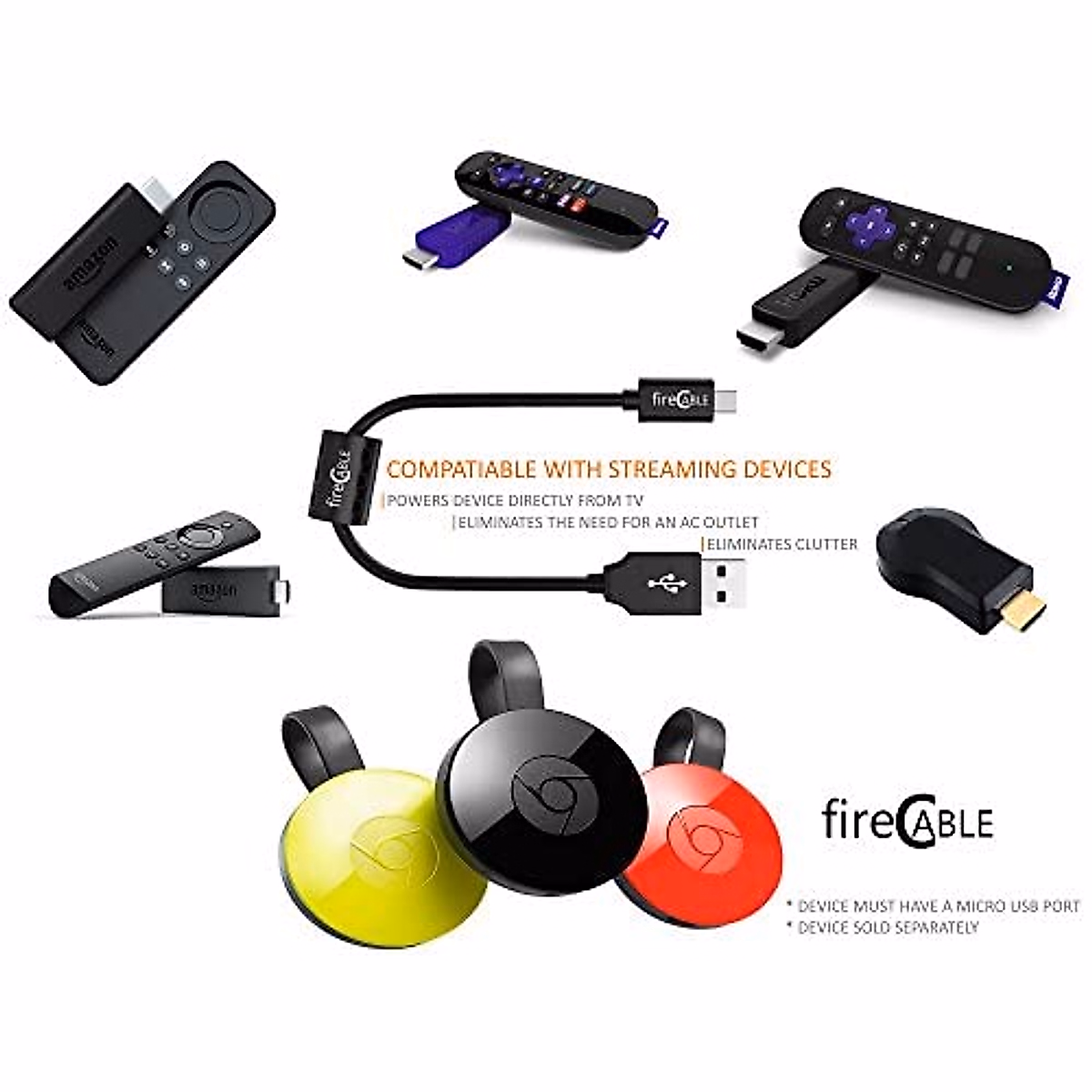 Wireless TV Powered USB Cord for Amazon Fire TV Stick by fireCable