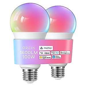 OREiN Matter Smart Light Bulb, 1600 Lumens 100W Equivalent Smart Light Bulbs, Color Changing Light Bulbs Work with Apple Home, Alexa, Google Home, SmartThings, A21 Smart Bulbs 2.4Ghz WiFi, 2Pack