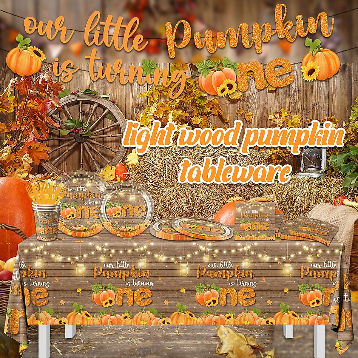 Our Little Pumpkin is Turning One Decorations,142Pcs 1st Birthday Pumpkin Theme Decorations Fall Little Pumpkin First Birthday Theme Party Tableware for Baby Shower Autumn Thanksgiving Supplies