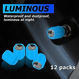 12PCS Fluorescent Car Tire Valve Caps, Luminous Tire Air Caps Cover, Vehicle Tire Pressure Caps, Illuminated Auto Car Wheel Valve Stem, Universal for Car, SUV, Motorcycle, Truck, Bike (Blue/Black)
