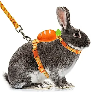 ORZECHKO Rabbit Harness and Leash - Adjustable Bunny Harness Escape Proof for Walking Runnig Hiking Camping Outdoor - Yellow Carrot Pattern Cute Small Animal Harness Leash Set