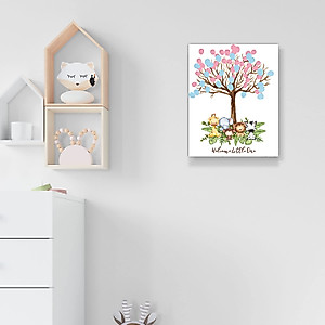 LNOKRIM Baby Shower Guest Book Fingerprint Tree Canvas, Jungle Safari Theme Gender Reveal Supplies, Personalized Alternative Guest Book,Fingerprint Guest Book