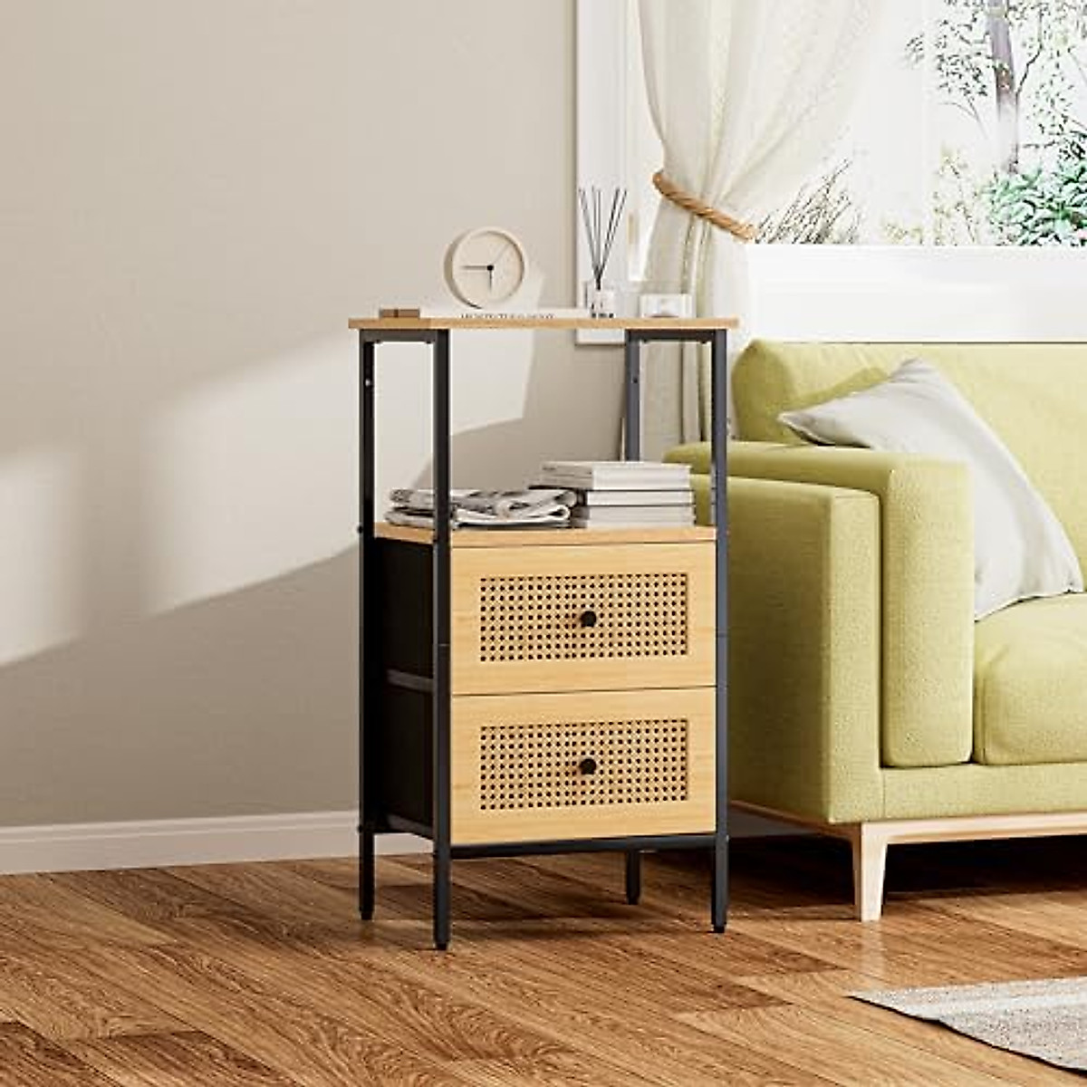 DOVAMY Rattan Nightstand with 2 Drawers, End Table for Small Spaces, Side Table with Storage for Bedroom, Living Room, Dorm, 27.5'' Bed Stand with Open Shelf, Beige BN03B