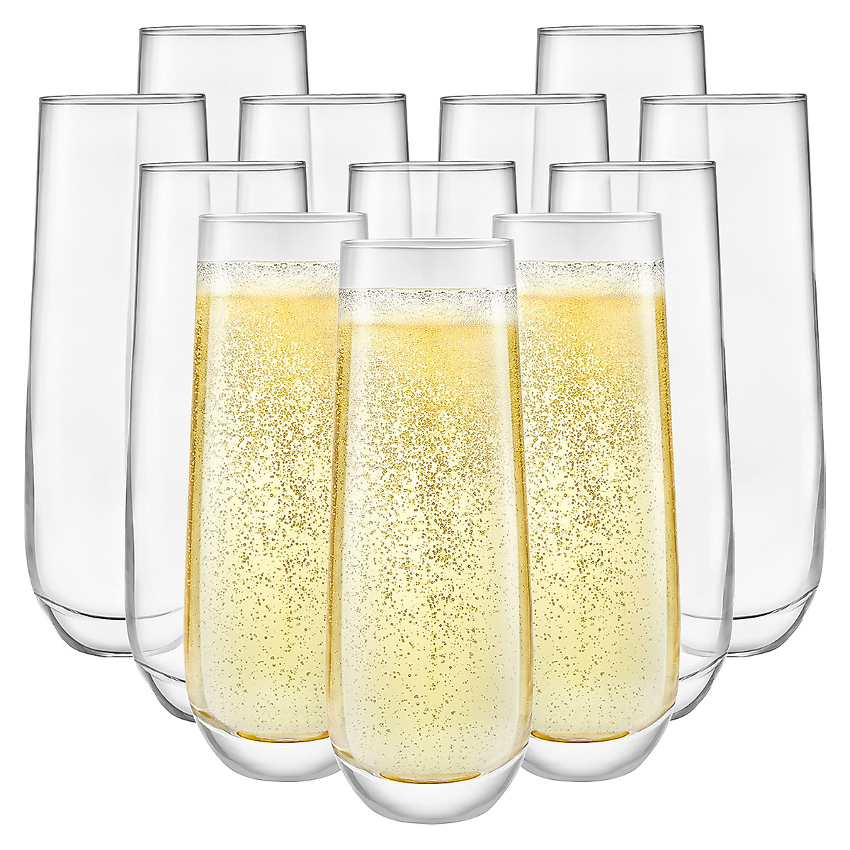 Kitchen Lux 10oz Stemless Champagne Flutes- Set of 12 Champagne Glasses – Elegant Highball Tumblers - Premium Clear Glass, Wine, Shots, Cocktails, Champagne, Mimosa for Parties – Dishwasher Safe