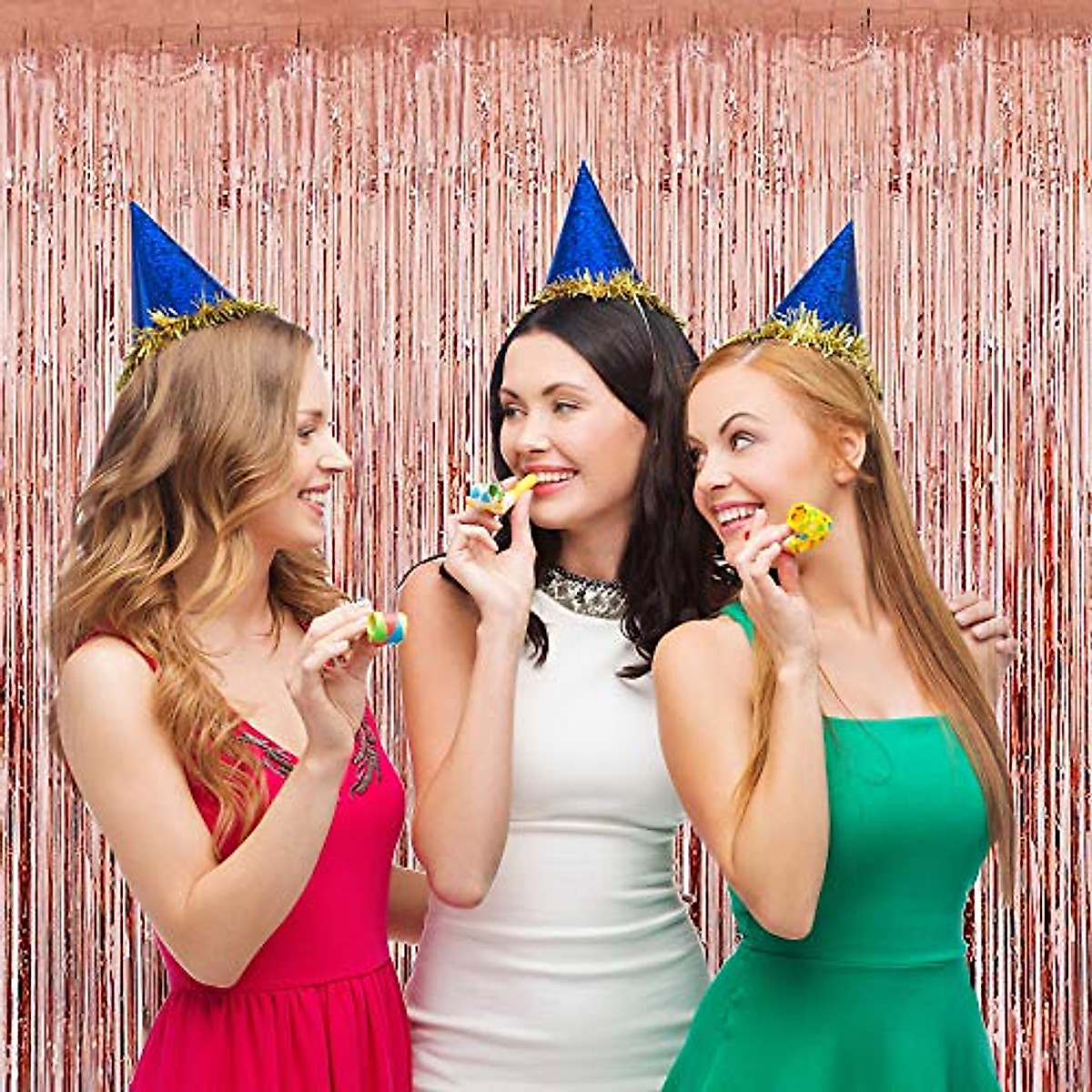 3Pcs Rose Gold Metallic Tinsel Foil Fringe Curtains, Rose Gold Foil Fringe Curtain Backdrop Metallic Tinsel Streamers Backdrop for Birthday Baby Shower Party Photo Booth Props Decoration