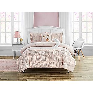Mytex Celestial Princess Pretty 5-Piece Comforter set with gold metallic foil, Smocked texture, Girls, Teen bedding, Stars and Moons, Two Twinkling Decorative Pillows, Shabby Chic, Blush Pink, Full