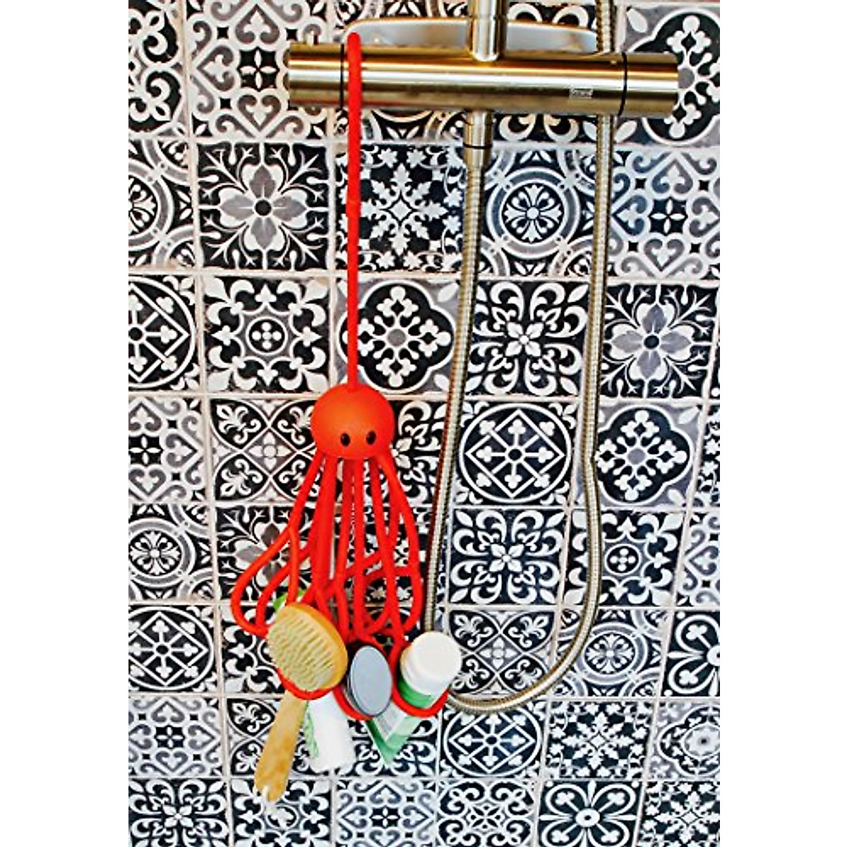 Formverkert Octopus Shower Caddy (in Red) - Shower Gel Shampoo Conditioner Brush Razors Toys Accessories Holder, 9 Slots, Fits All Sized Bottles, Stylish Fun Bath Shower Organizer, Designed in Sweden