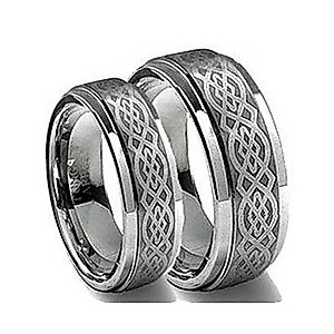 His & Her's 8MM/6MM Tungsten Carbide Wedding Band Ring Set w/Laser Etched Celtic Design