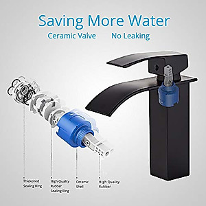 Wovier Matte Black Waterfall Bathroom Sink Faucet with Cover Plate,Single Handle Single Hole Brass Lavatory Vanity Faucet,Basin Mixer Taps with Supply Hose